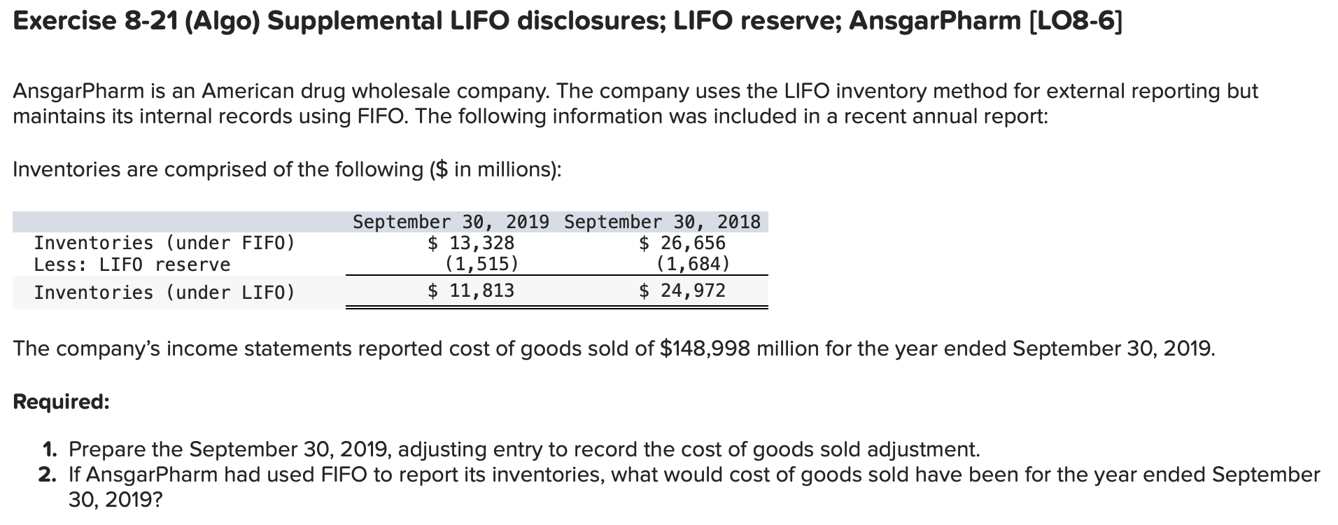 Solved Exercise 8-21 (Algo) Supplemental LIFO disclosures; | Chegg.com