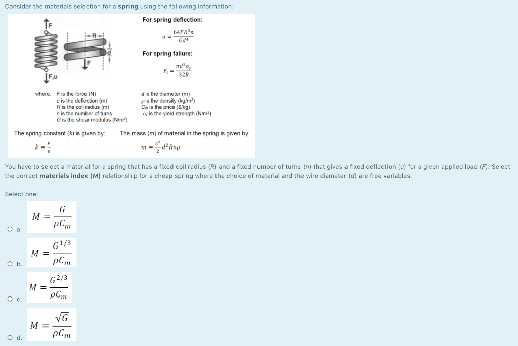 Solved Consider the materials selection for a spring using | Chegg.com