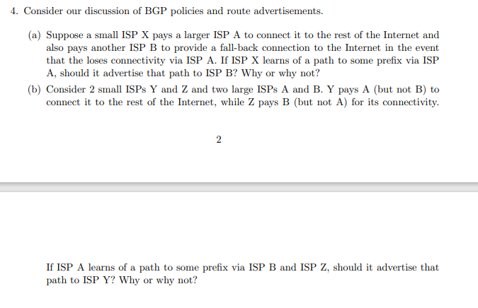 Solved 4. Consider our discussion of BGP policies and route | Chegg.com