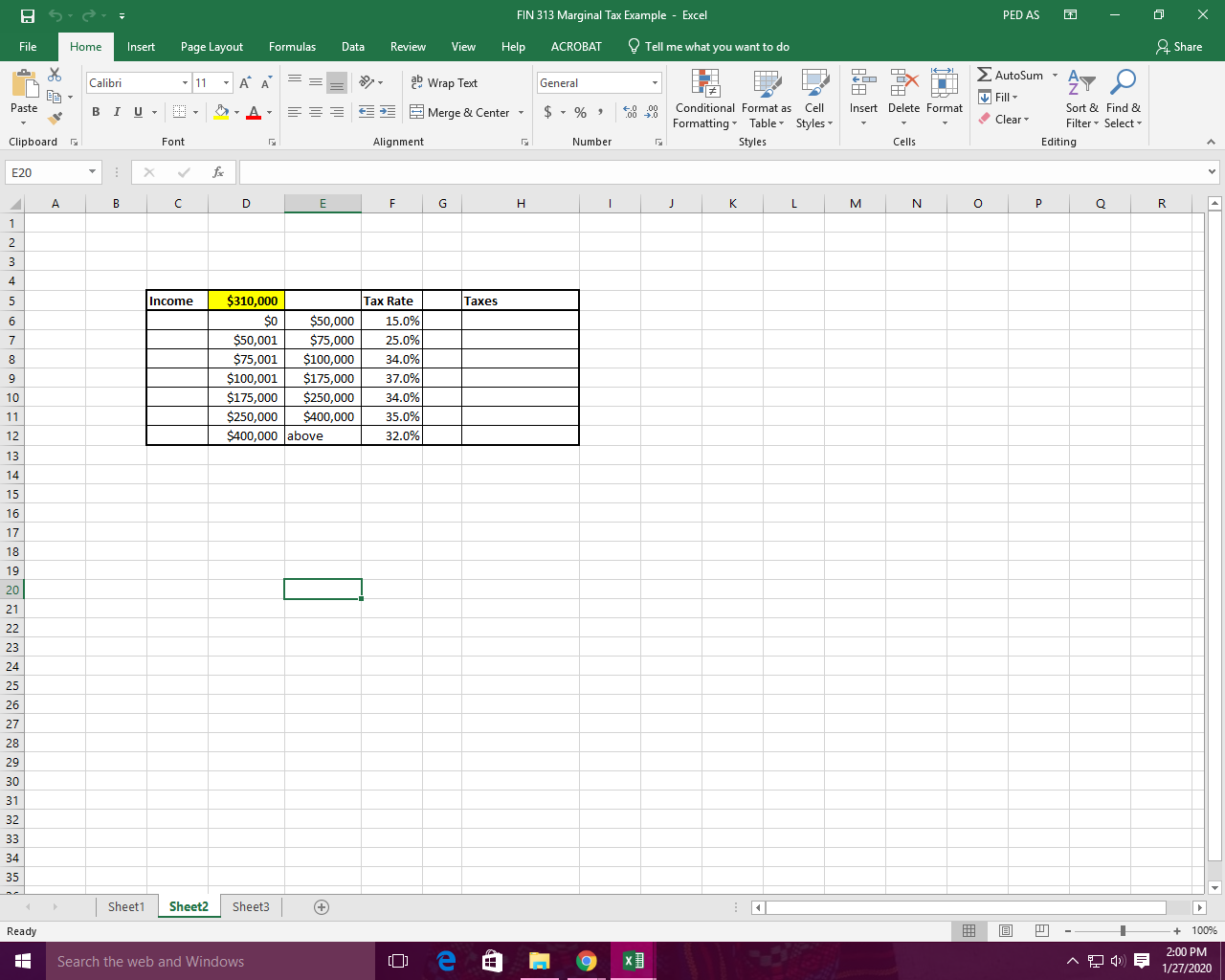 Solved FIN 313 Marginal Tax Example - Excel PEDAS - 0 x File | Chegg.com