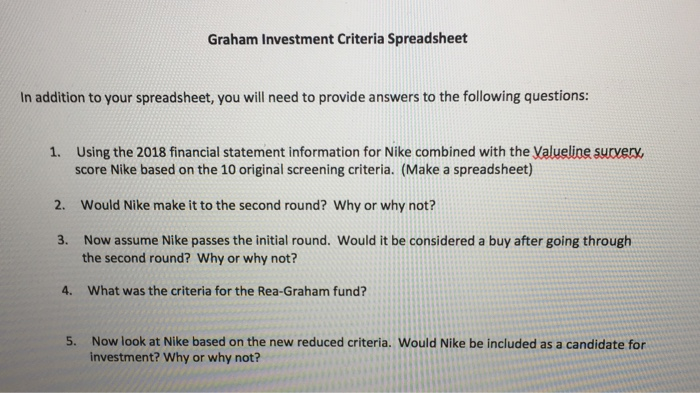 Graham Investment Criteria Spreadsheet In addition to | Chegg.com