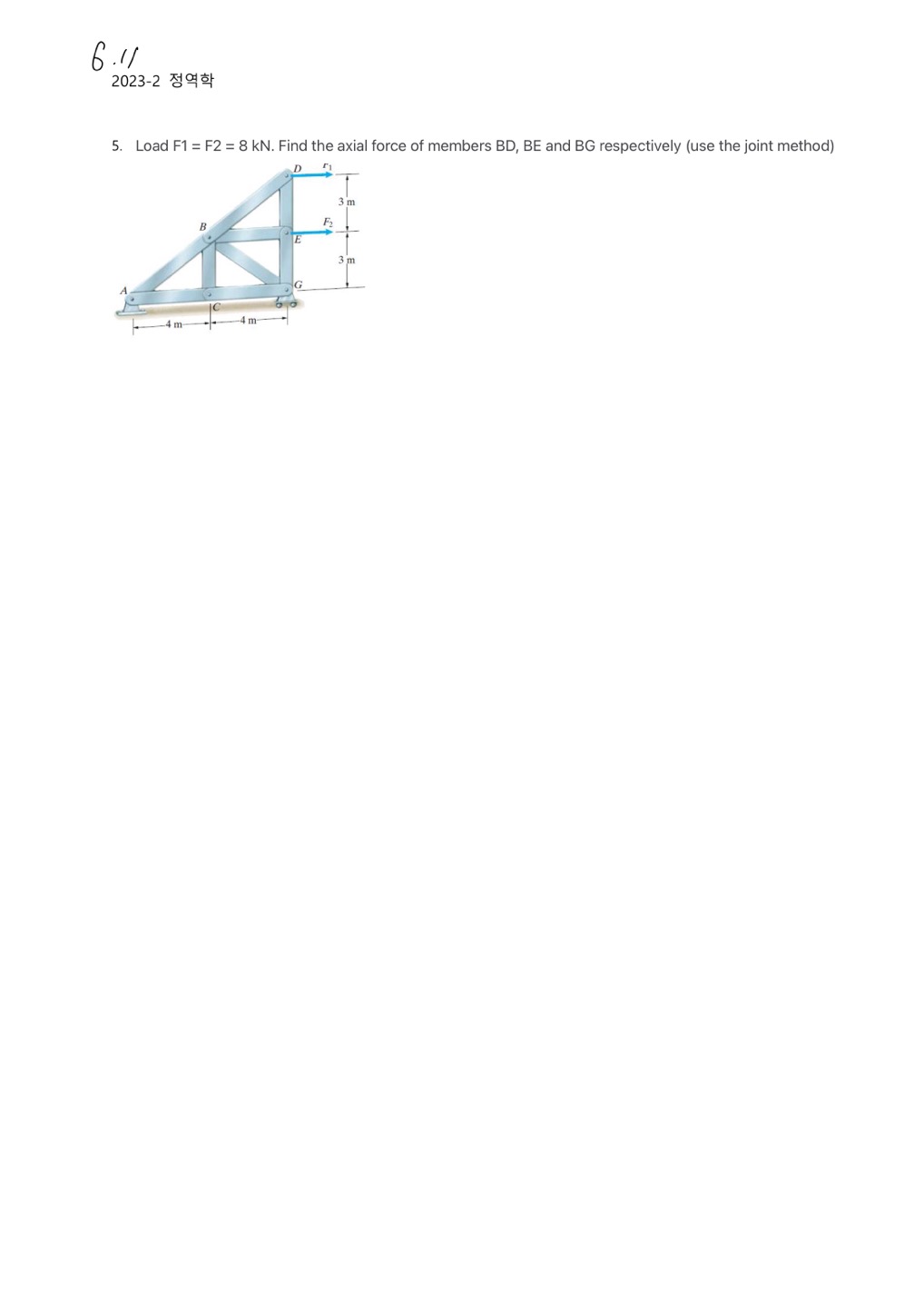 Solved 6.1/Load F1 =F2=8kN. ﻿Find the axial force of members | Chegg.com
