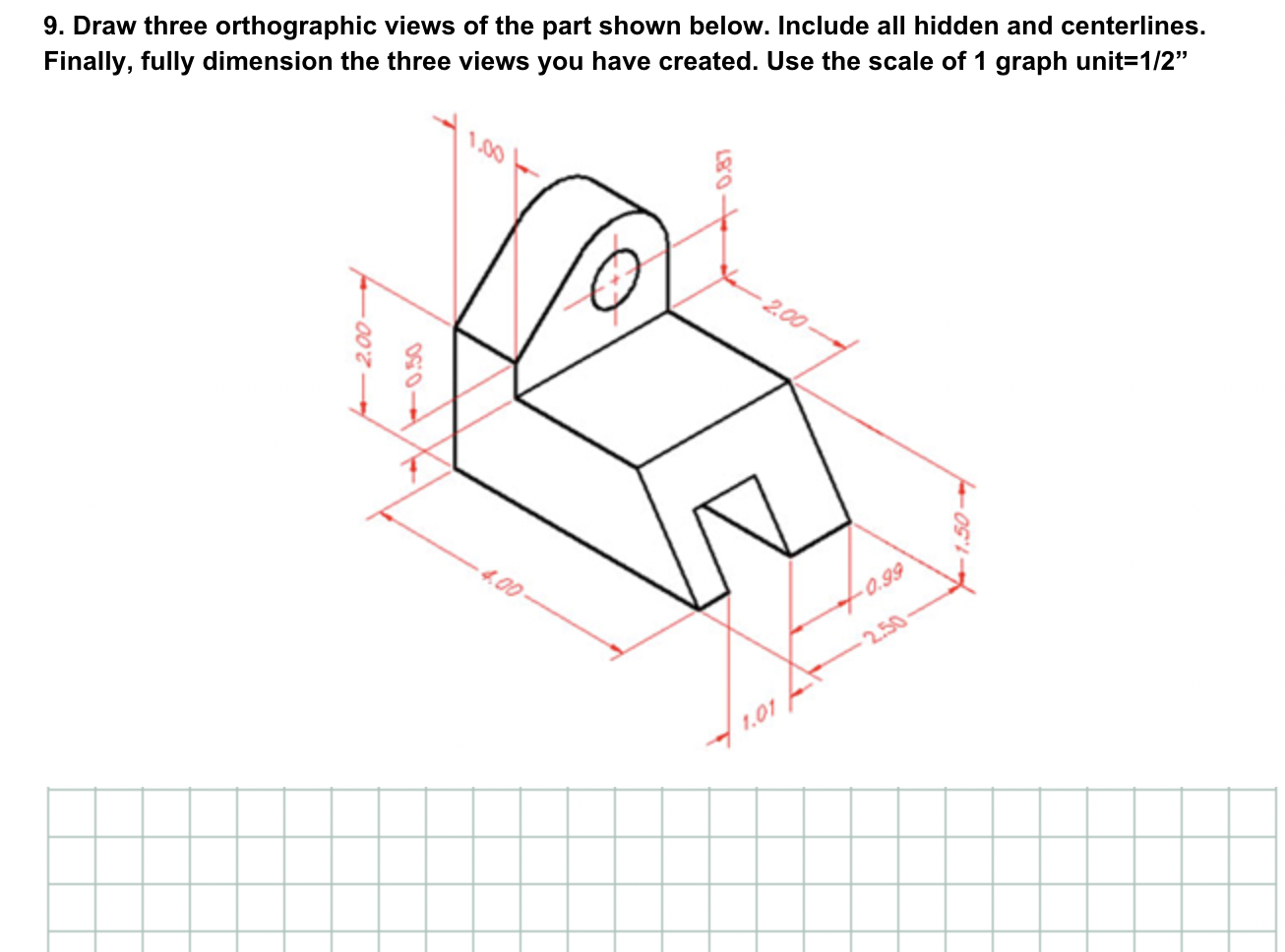 Solved 9. Draw three orthographic views of the part shown | Chegg.com