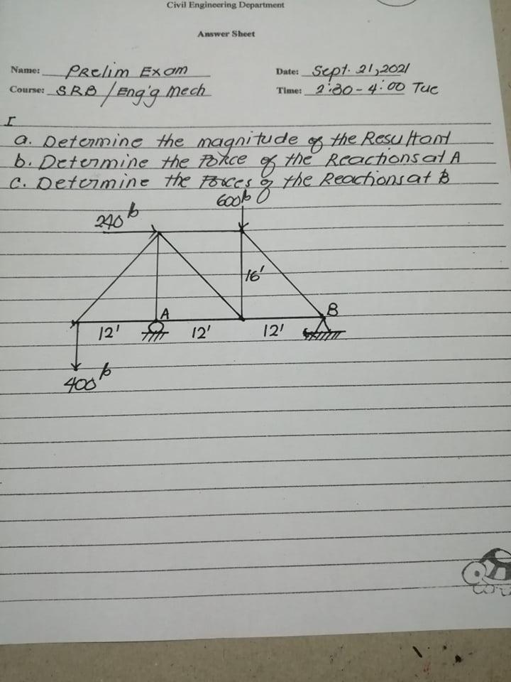 Solved Civil Engineering Department Answer Sheet Name: Date: | Chegg.com