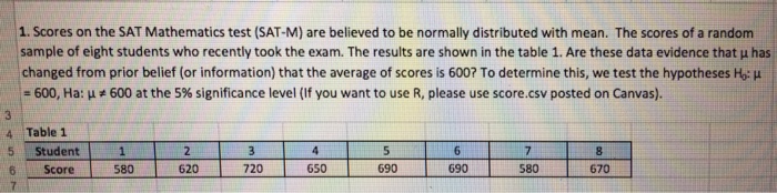 Solved 1. Scores on the SAT Mathematics test (SAT-M) are | Chegg.com