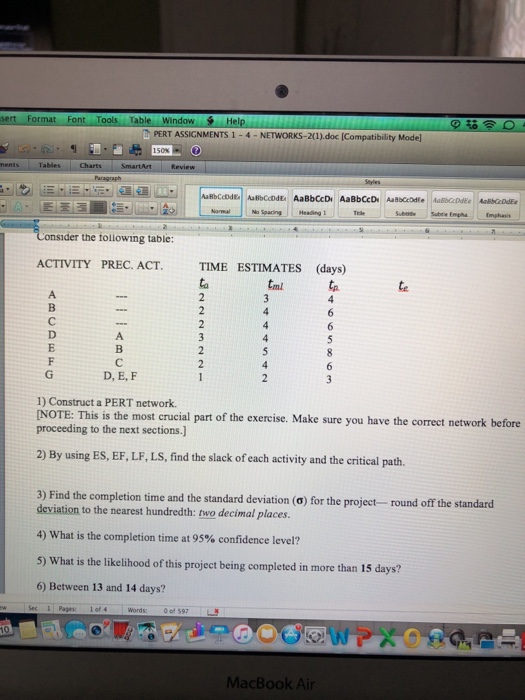 Solved sert-Format-Font-Tools-Table-Window. PERT ASSIGNMENTS | Chegg.com