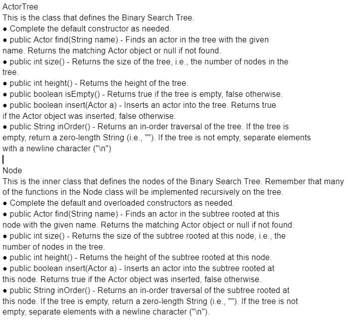 Actor Tree This is the class that defines the Binary | Chegg.com