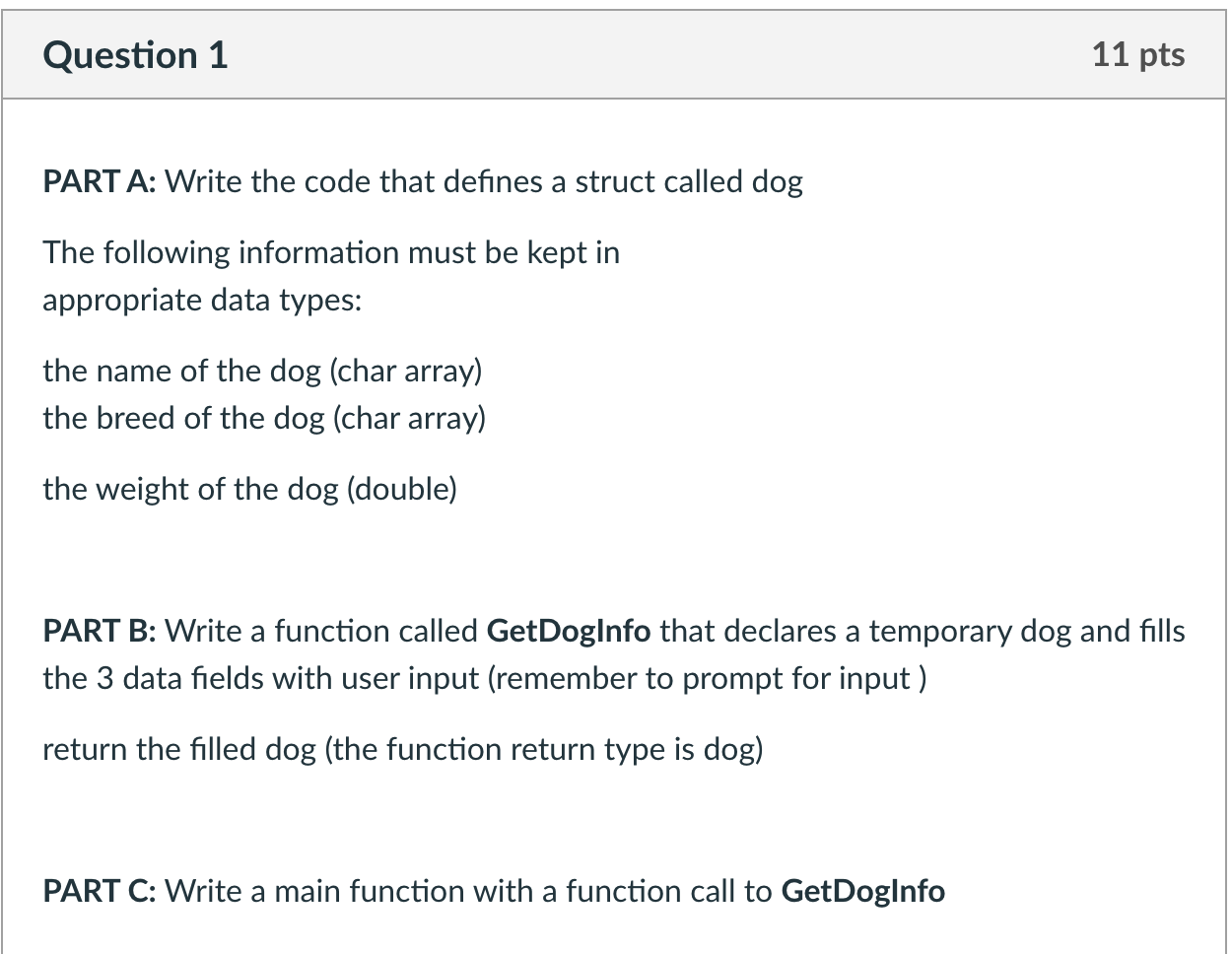 Solved Question 1 11 pts PART A: Write the code that defines | Chegg.com