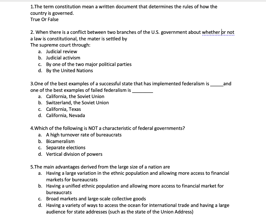 1.The term constitution mean a written document that | Chegg.com