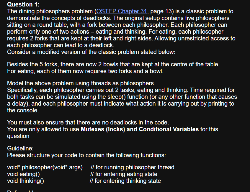 Solved The dining philosophers problem (OSTEP Chapter 31, | Chegg.com