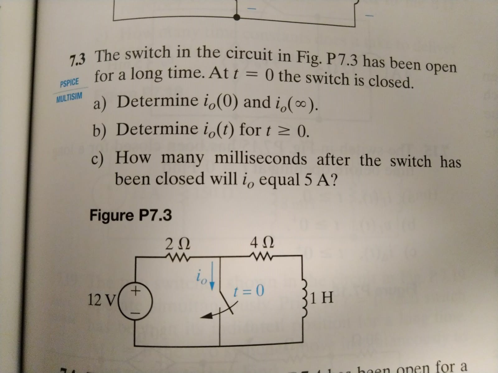 Solved switch in the circuit in Fig. P7.3 has been open 1.3 | Chegg.com