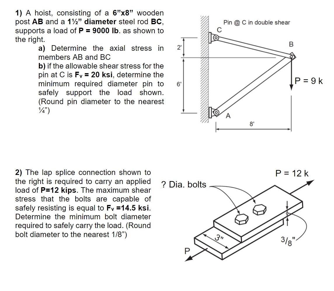 Solved Pin @ C in double shear С 110 B 2' 1) A hoist, | Chegg.com