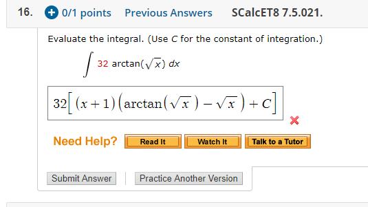 Solved 16. 0/1 points Previous Answers CalcET8 7.5.021. | Chegg.com