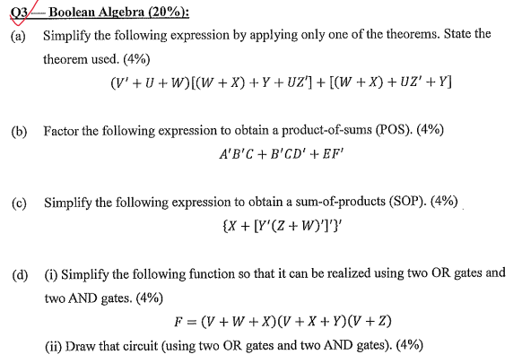 Solved 23-Boolean Algebra (20\%): a) Simplify the following | Chegg.com