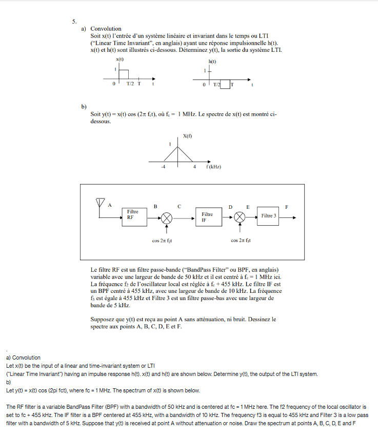 Solved 5. a) Convolution Soit x(t) l'entrée d'un système | Chegg.com