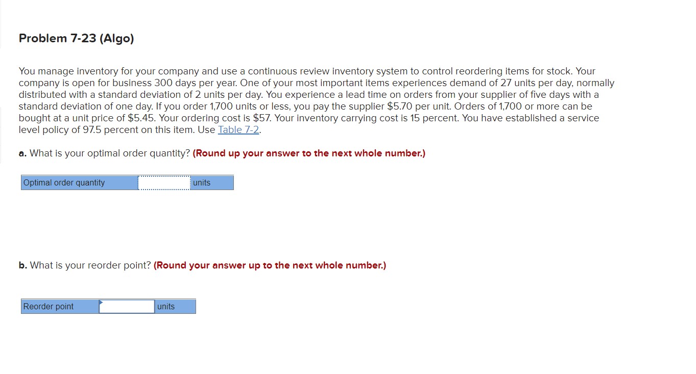 Solved Problem 7-23 (Algo) You manage inventory for your | Chegg.com