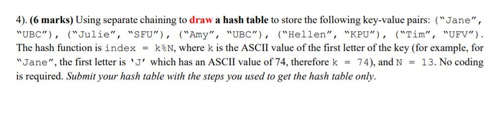 Solved 4). (6 marks) Using separate chaining to draw a hash | Chegg.com