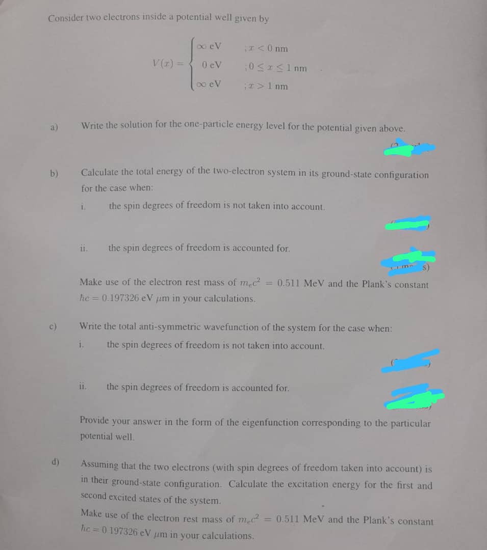 Solved Consider two electrons inside a potential well given | Chegg.com