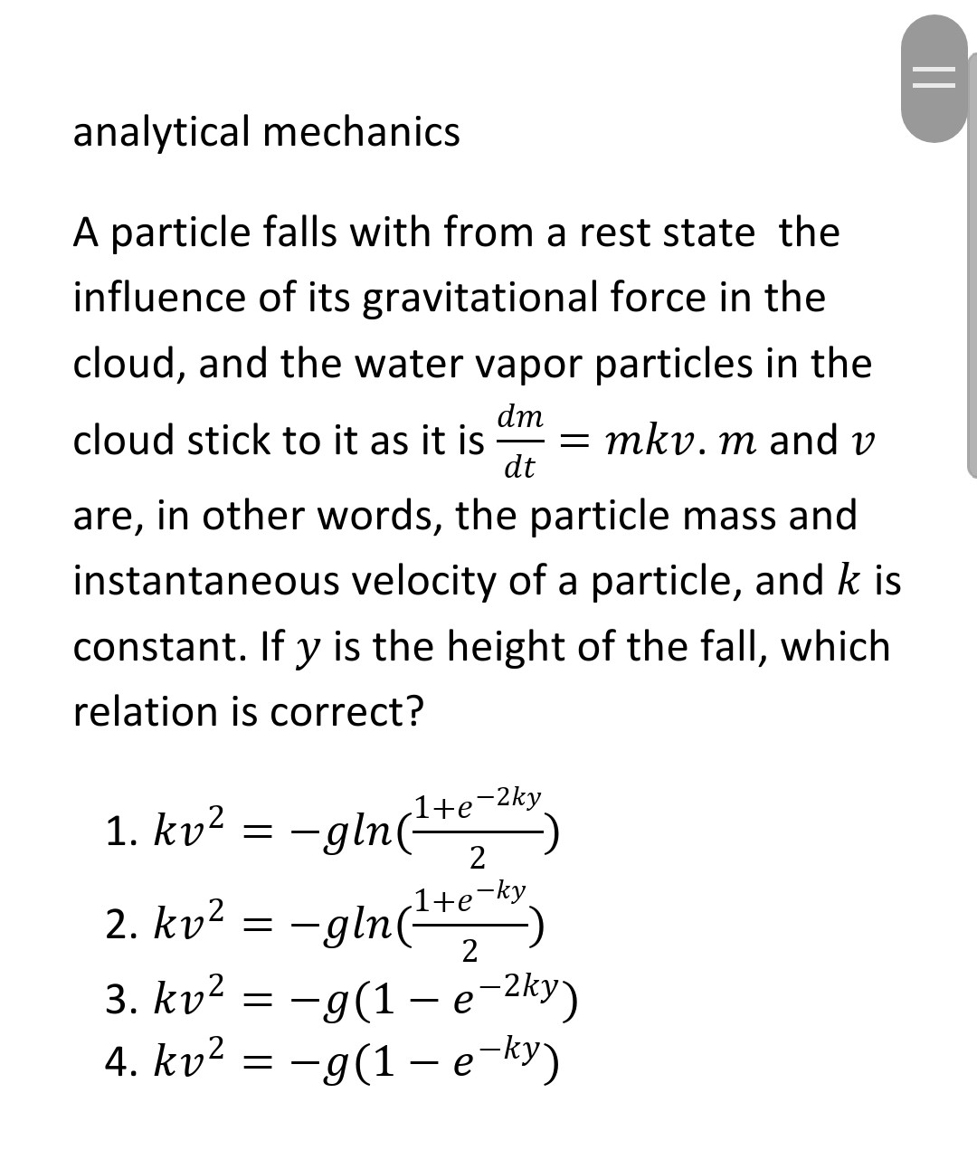 Solved II analytical mechanics A particle falls with from a | Chegg.com