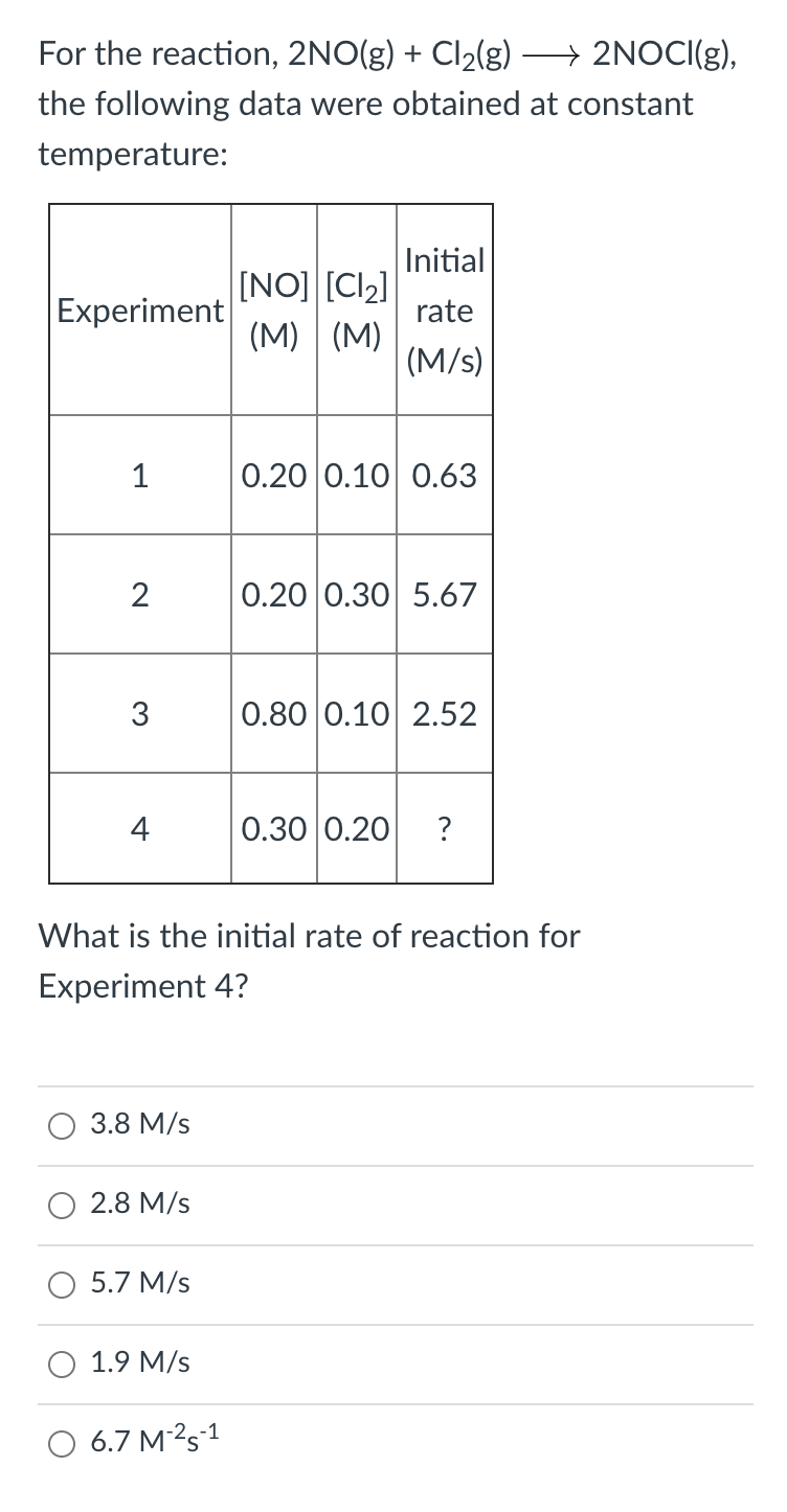 Solved For the reaction, 2NO(g) + Cl2(g) + 2NOCI(g), the | Chegg.com