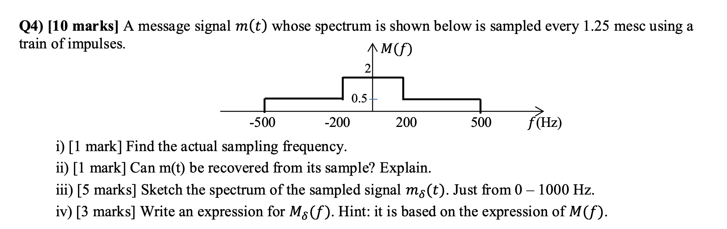 Solved Q4) [10 marks] A message signal m(t) whose spectrum | Chegg.com