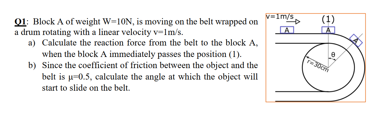 Solved v=1m/s (1) A A Q1: Block A of weight W=10N, is moving | Chegg.com