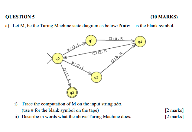 Solved QUESTION 5 (10 MARKS) a) Let M, be the Turing Machine | Chegg.com