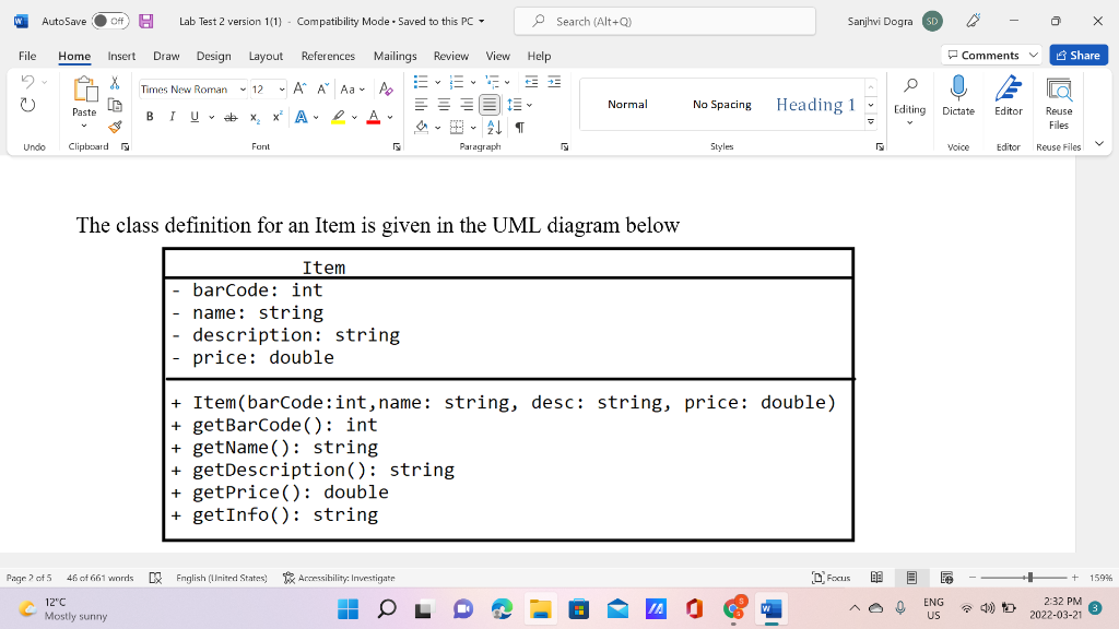 Solved Write your solution for the UML specification on the | Chegg.com