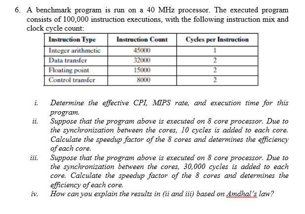 Solved 6 A Benchmark Program Is Run On A 40 Mhz Processor