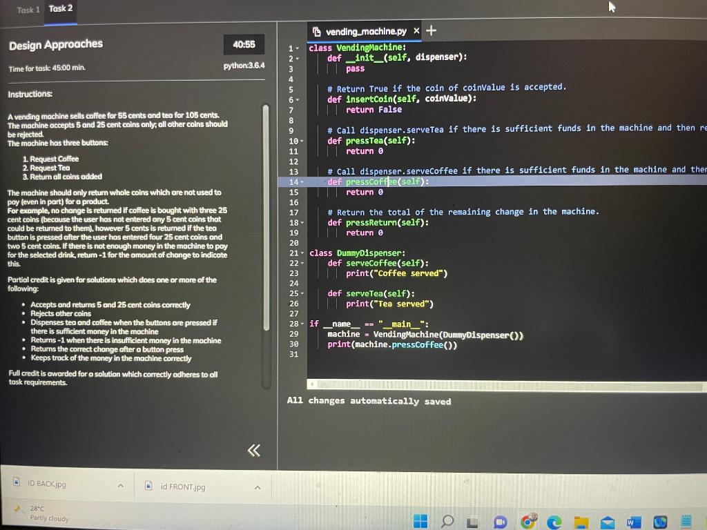 Design Approaches E vending_machinepy x+ class | Chegg.com