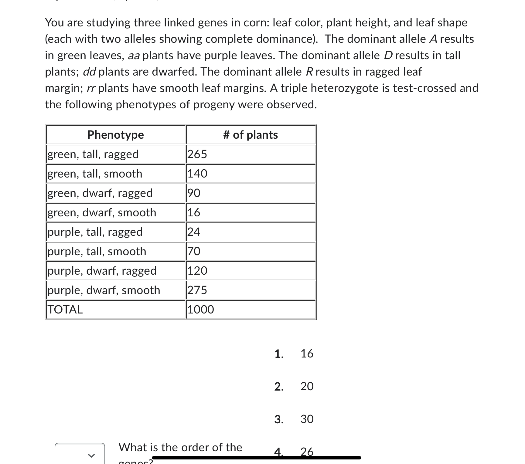 You are studying three linked genes in corn: leaf | Chegg.com