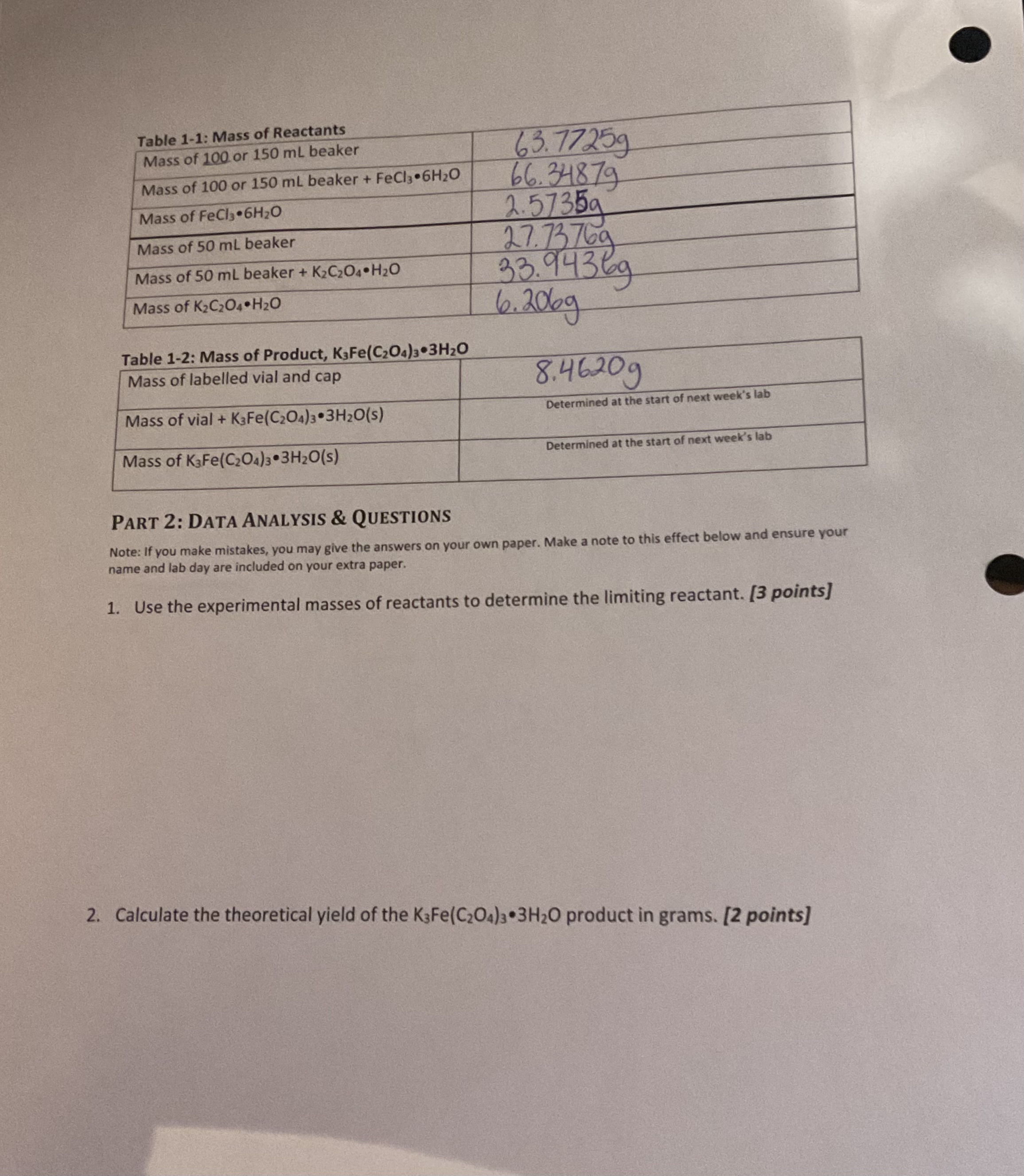 Solved Table 1-1: Mass of ReactantsTable 1-2: Mass of | Chegg.com