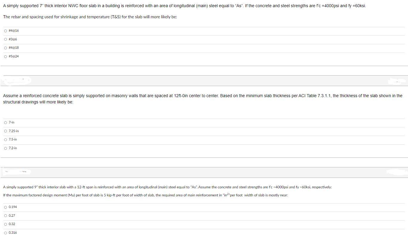 Solved A simply supported 7" thick interior NWC floor slab | Chegg.com