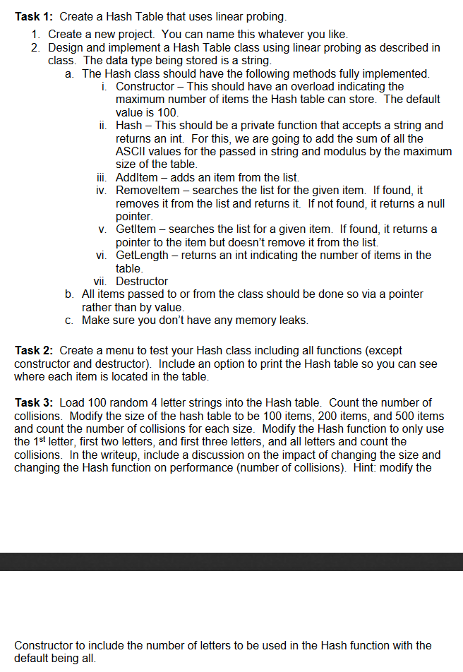 Task 1: Create a Hash Table that uses linear probing. | Chegg.com