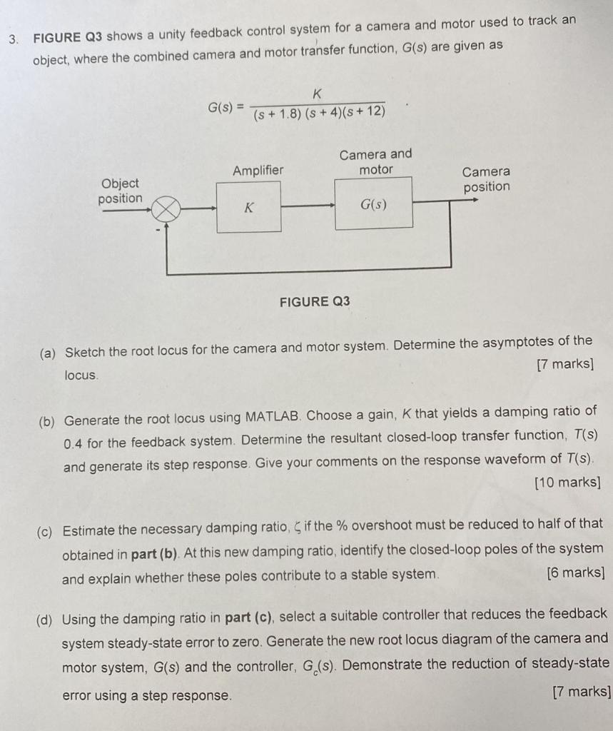 Solved 3. FIGURE Q3 shows a unity feedback control system | Chegg.com