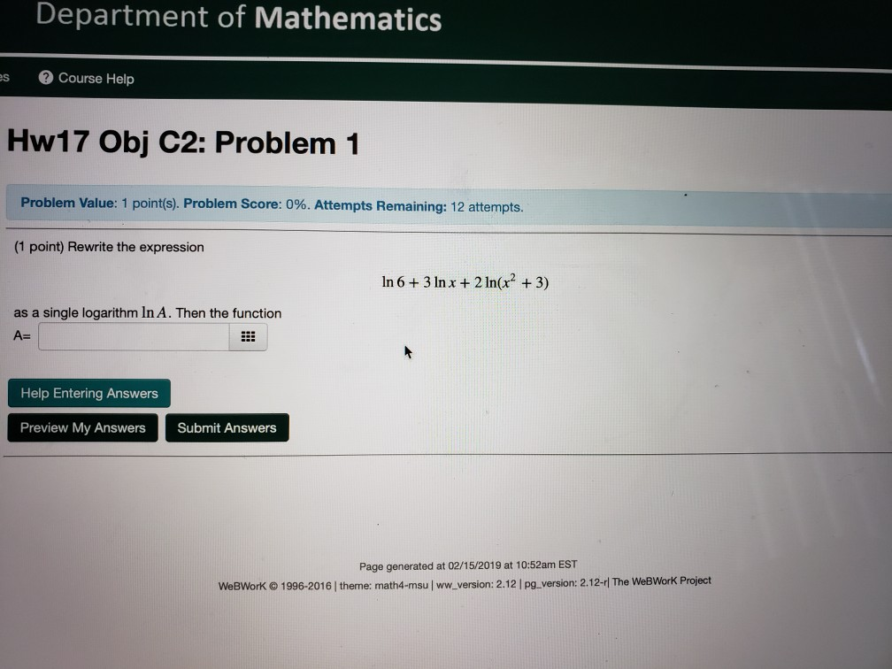 Solved Department of Mathematics s Course Help Hw17 Obj C2: | Chegg.com
