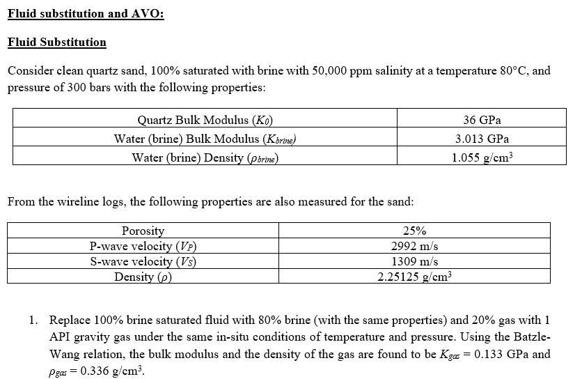 Solved Fluid substitution and AVO: Fluid Substitution | Chegg.com