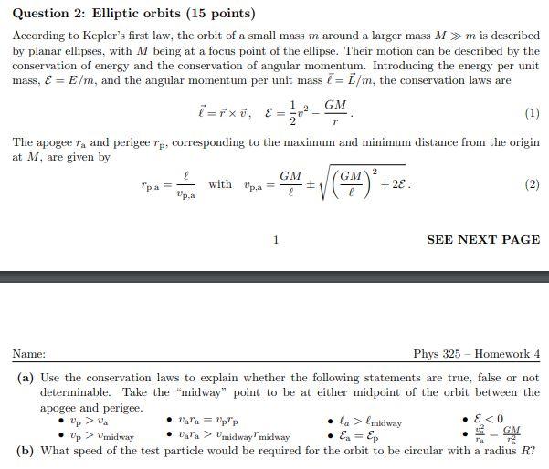 Solved Question 2 Elliptic Orbits 15 Points According To