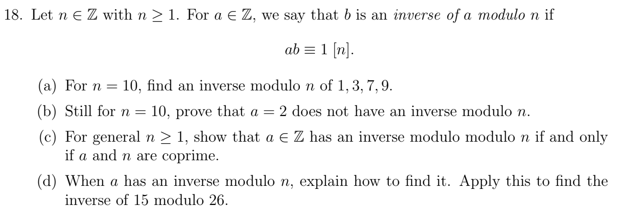 Solved Let n∈Z with n≥1. For a∈Z, we say that b is an | Chegg.com