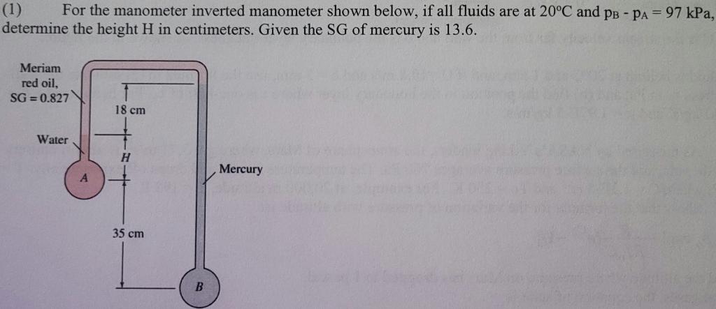 Solved (1) For the manometer inverted manometer shown below, | Chegg.com