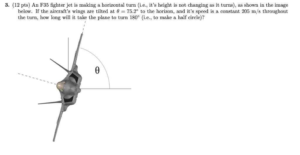 Solved 3. (12 pts) An F35 fighter jet is making a horizontal | Chegg.com