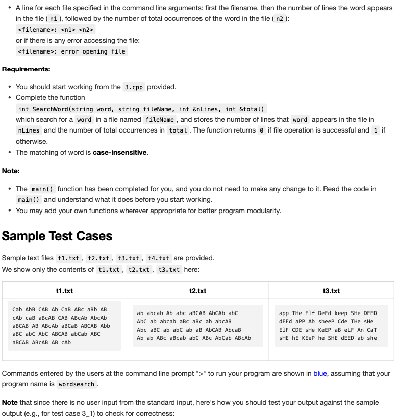 Problem 3: (C++) Word Search Write a C++ program that | Chegg.com