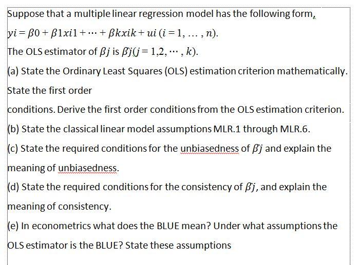 Solved Suppose That A Multiple Linear Regression Model Has