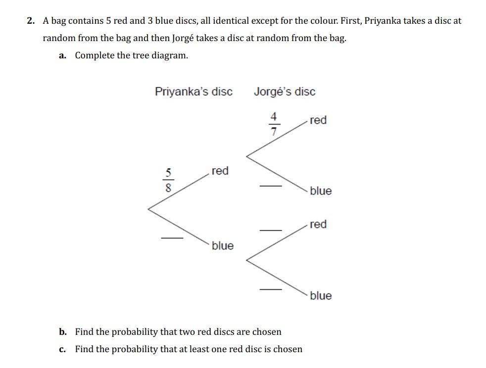 Solved 2. A bag contains 5 red and 3 blue discs, all | Chegg.com