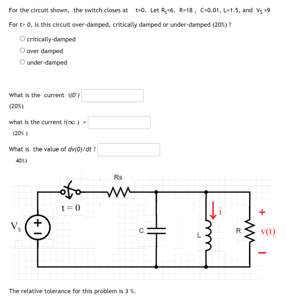Solved For the circuit shown, the switch closes at t=0. Let | Chegg.com