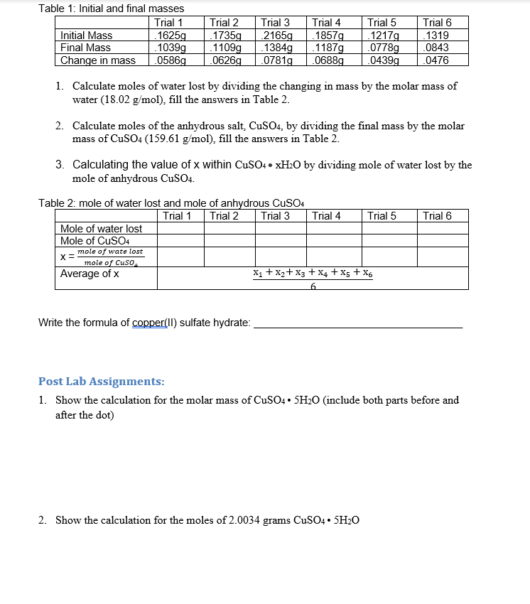 Solved Table 1: Initial and final masses Trial 1 Initial | Chegg.com