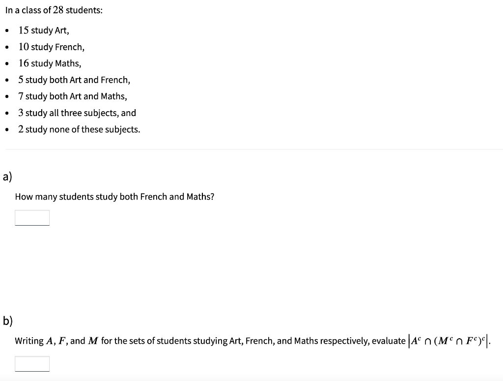 Solved In a class of 28 students: . . 15 study Art, • 10 | Chegg.com