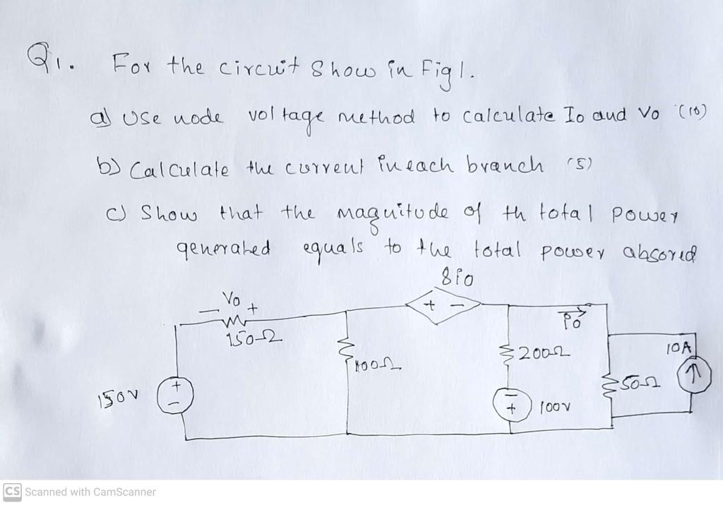 Solved Q1. For the circuit show in Figl. a) Use node vol | Chegg.com