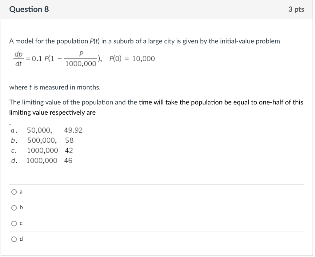 Solved A model for the population P(t) in a suburb of a | Chegg.com