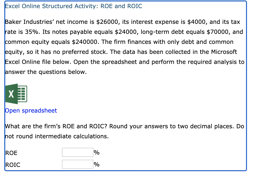 Solved Excel Online Structured Activity: ROE and ROIC Baker | Chegg.com